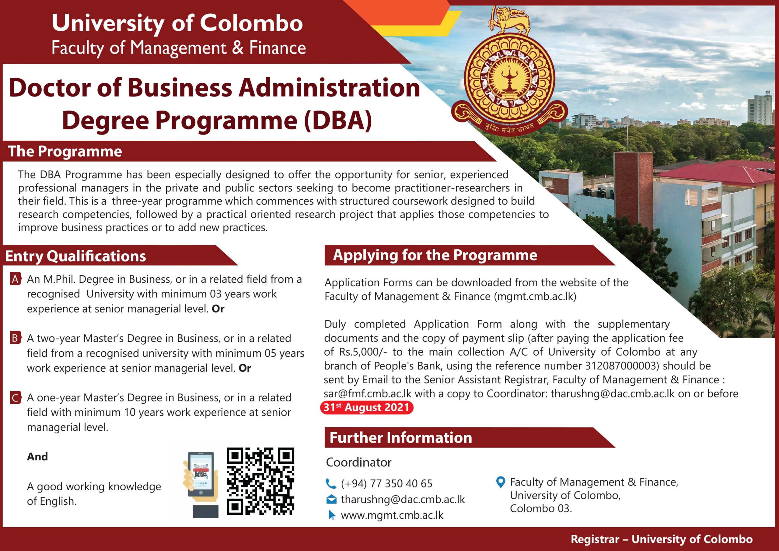 Doctor Of Business Administration Degree Programme DBA 2021 Faculty Of Management Finance